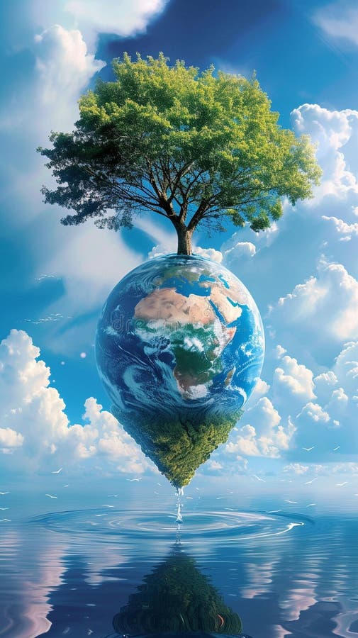 Tree Floating on Earth in Water Stock Illustration - Illustration of ...