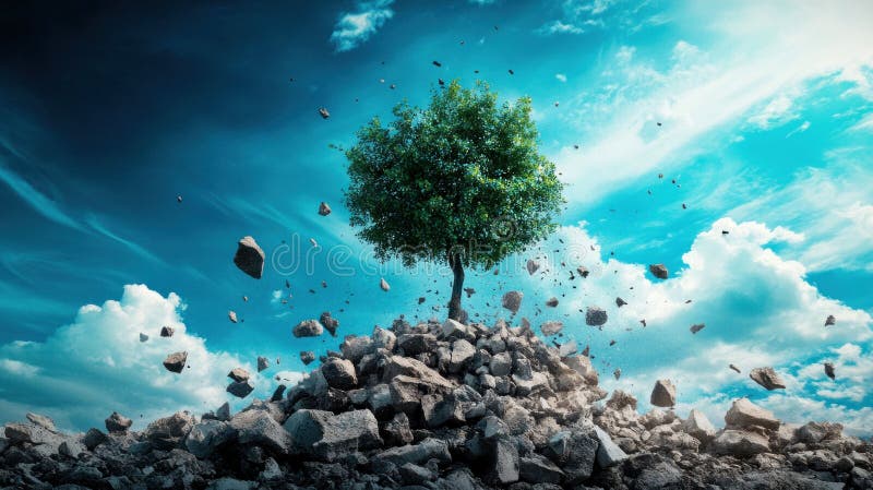 Tree Floating on Rocks in Surreal Sky Stock Illustration - Illustration ...