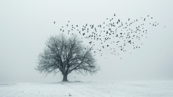 A Tree with a Flock of Birds Flying Around it Stock Image - Image of ...