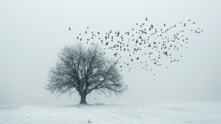 A Tree with a Flock of Birds Flying Around it Stock Image - Image of ...