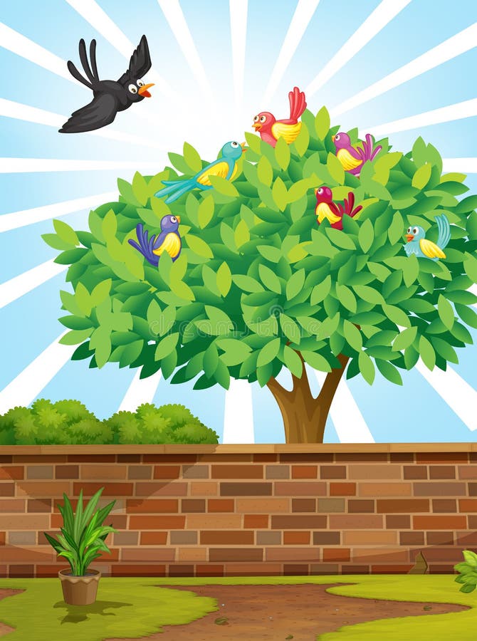 A Tree with a Flock of Birds Stock Illustration - Illustration of bird ...