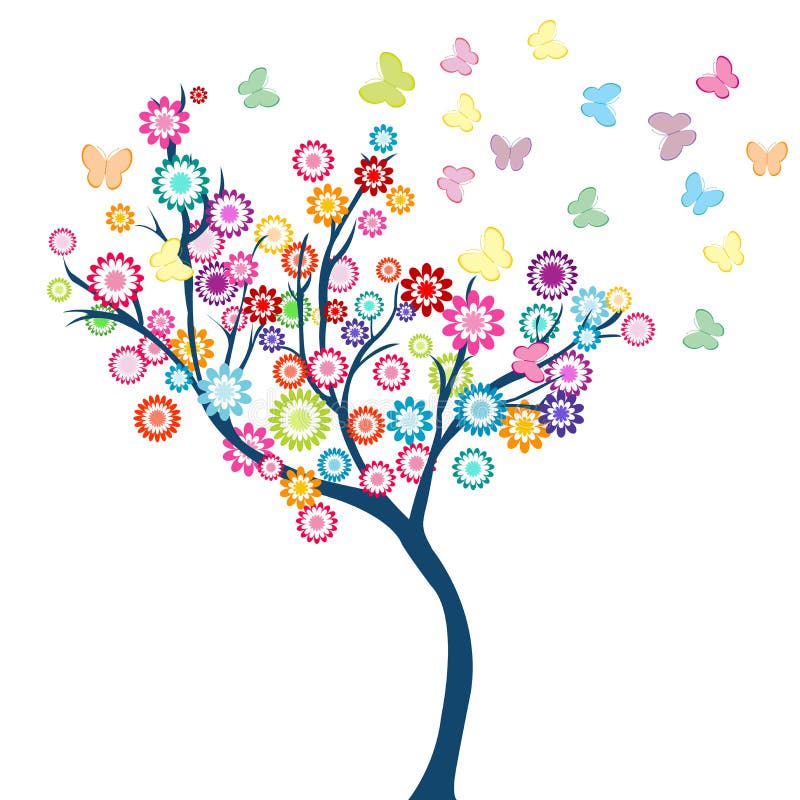 Colored Happy Tree with Flowers and Butterflies Stock Vector ...