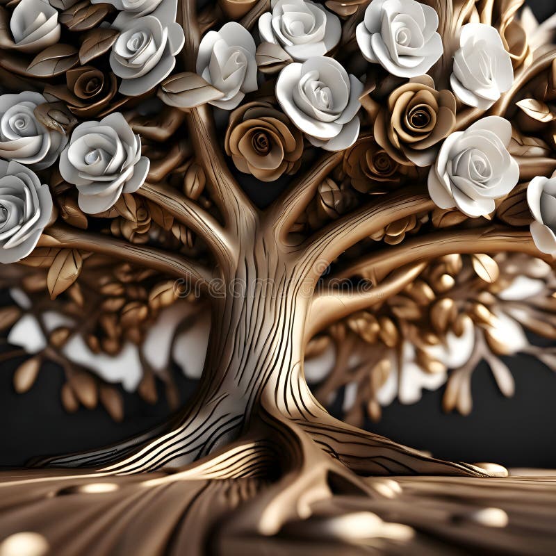 Tree Flowers Wood Carving Decorations Ai Generator Stock Illustration ...