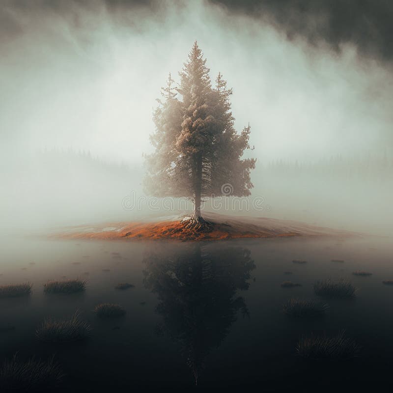 A tree in the fog stock illustration. Illustration of fairytale - 268881606