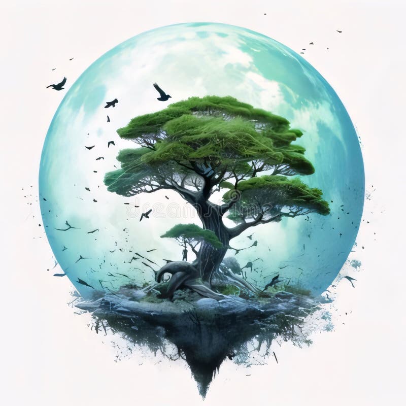 Tree in the Form of a Planet with Cranes and Birds Stock Illustration ...