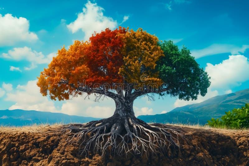 A Tree with Four Different Colored Leaves Growing Out of the Ground ...