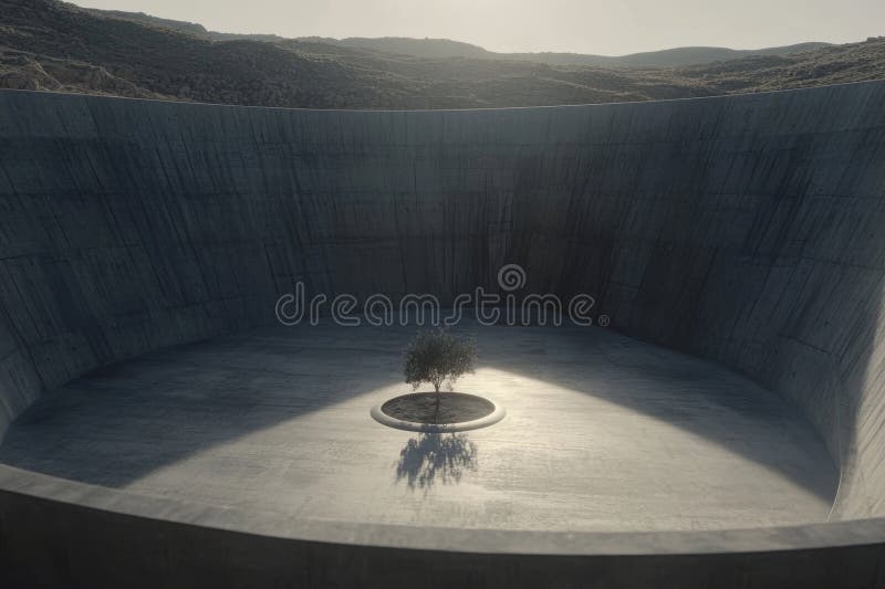 A Tree is Framed by a Circular Concrete Structure in a Lush Landscape ...