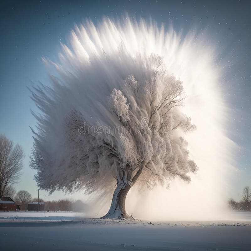 Tree in Frost and Landscape in Snow Against Sky. Winter Scene Stock ...