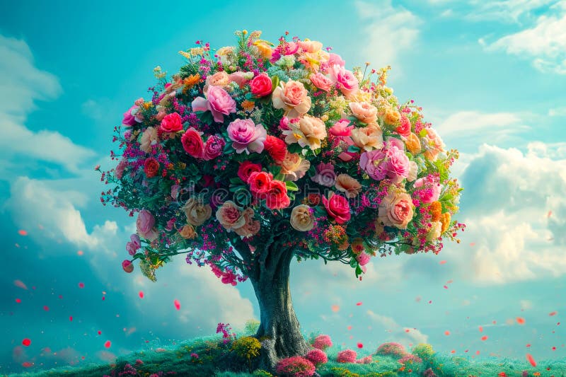 Tree Full of Flowers is Depicted in Artistic Manner with Blue Sky As ...