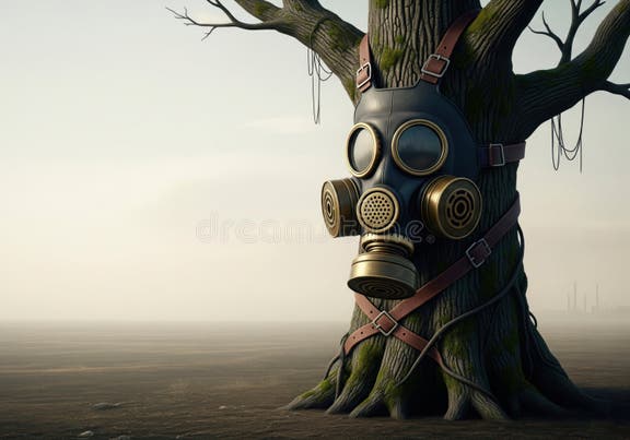 A Tree with a Gas Mask on the Trunk. Space for Text. Stock Photo ...