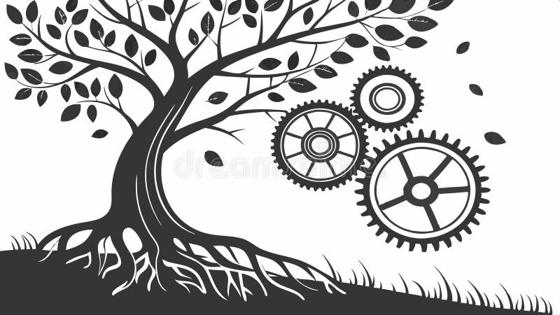 Tree with Gears Inside, Mechanical Nature and Engineered Life. Vector ...