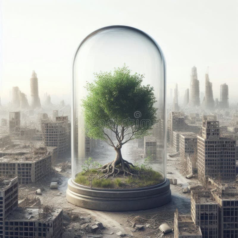 A Tree in a Glass Capsule in the Middle of a Ruined City after the ...