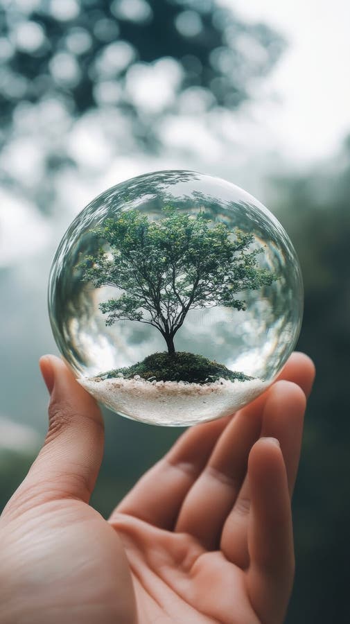 Tree in Glass Sphere Held by Hand, Nature Reflection Concept Stock ...