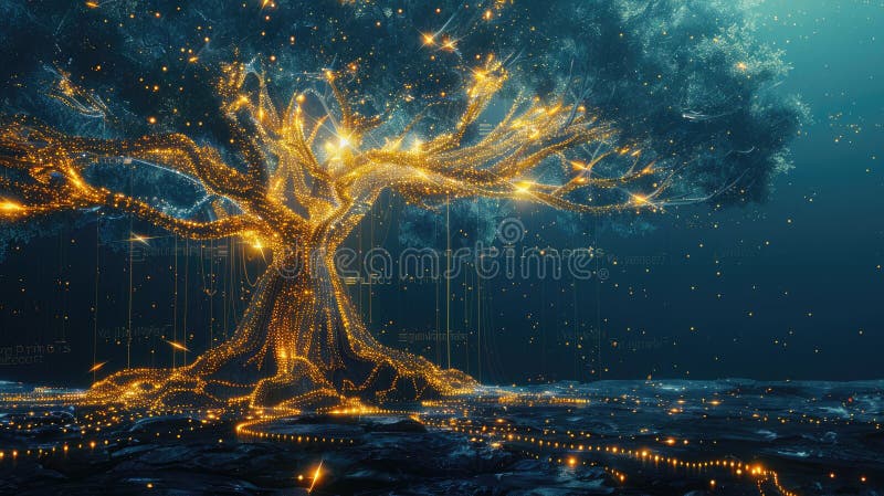 Tree With Glowing Data Lines In Roots And Branches Representing The Expansion And Reach Of Data
