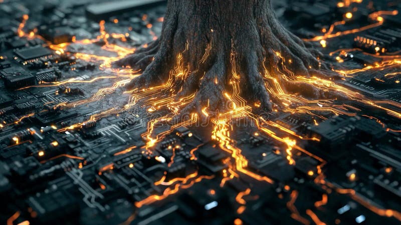 Tree with Glowing Roots on Electronic Circuit Board, Nature and ...