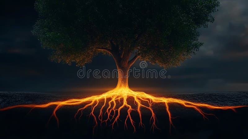 A Tree with Glowing Roots Emerging from the Ground, Set Against a Dark ...