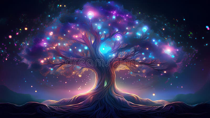 The Tree Glows with Neon Lights. Glowing Fairy Tree Stock Illustration ...