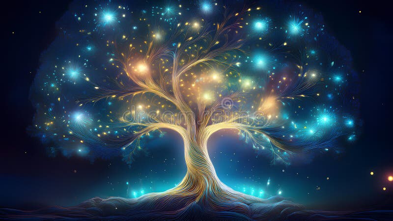 The Tree Glows with Neon Lights. Glowing Fairy Tree Stock Illustration ...