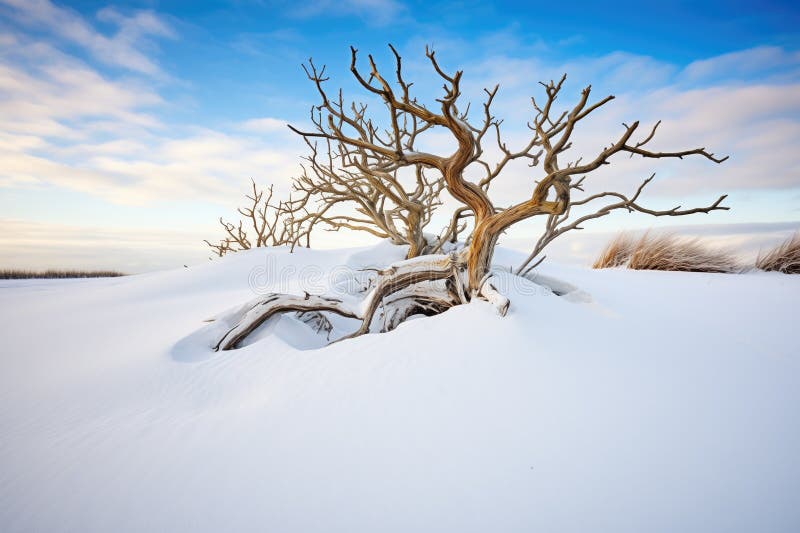 Tree with Gnarled Branches on a Snow Drift by the Sea Stock Photo ...