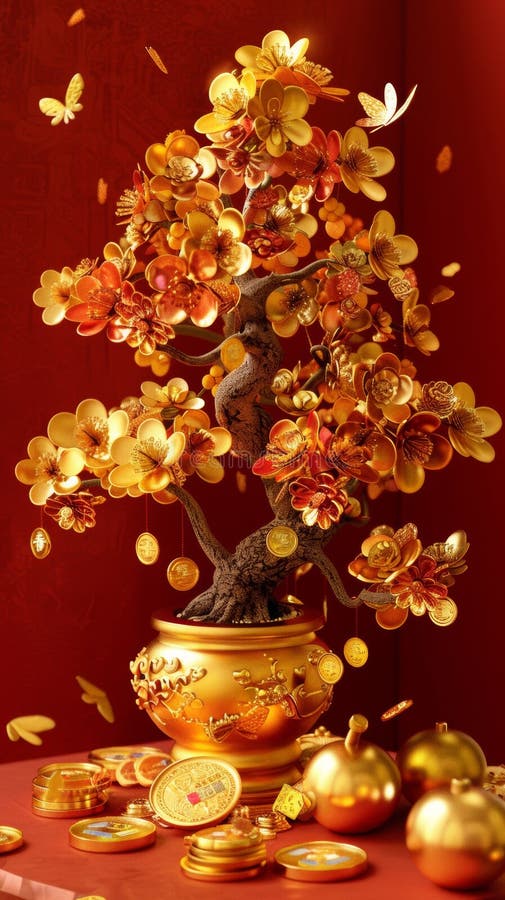 Tree with Gold Coins, Chinese New Year Theme Stock Illustration ...