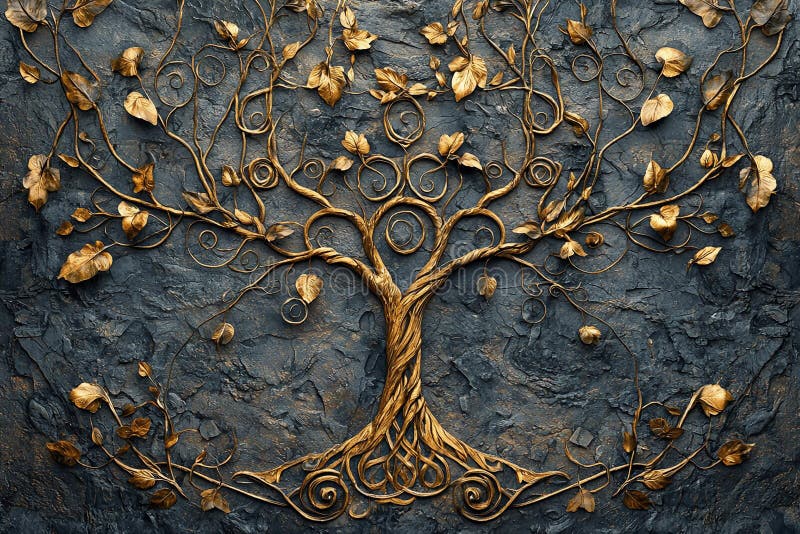 Tree with Gold Leaves on a Dark Background Stock Photo - Image of ...