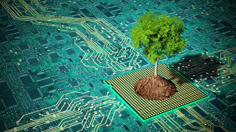 Tree with Green Leaves with Soil Standing on PCB. 3D Illustration Stock ...