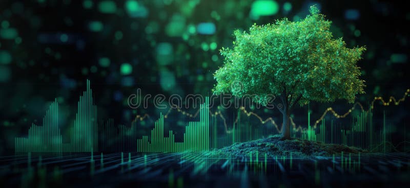 Tree Growing Amidst Digital Data Visualization Representing ...