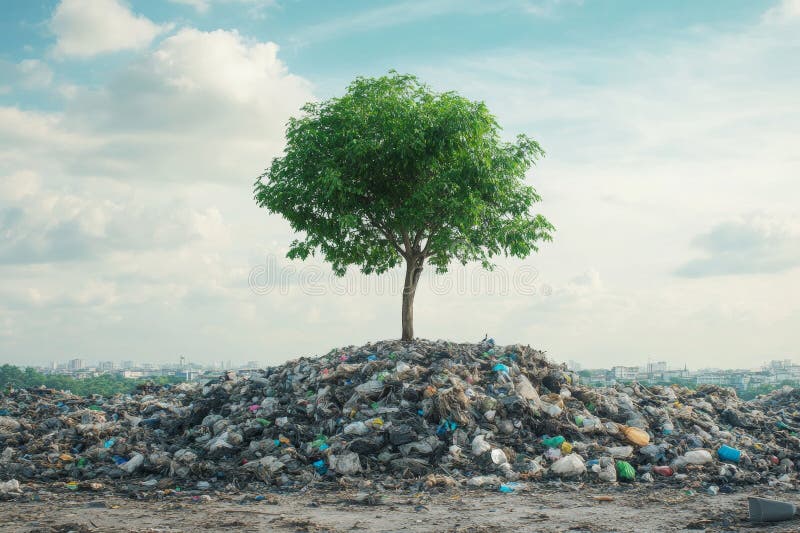 Tree Growing Amidst a Landscape of Garbage and Pollution Stock ...