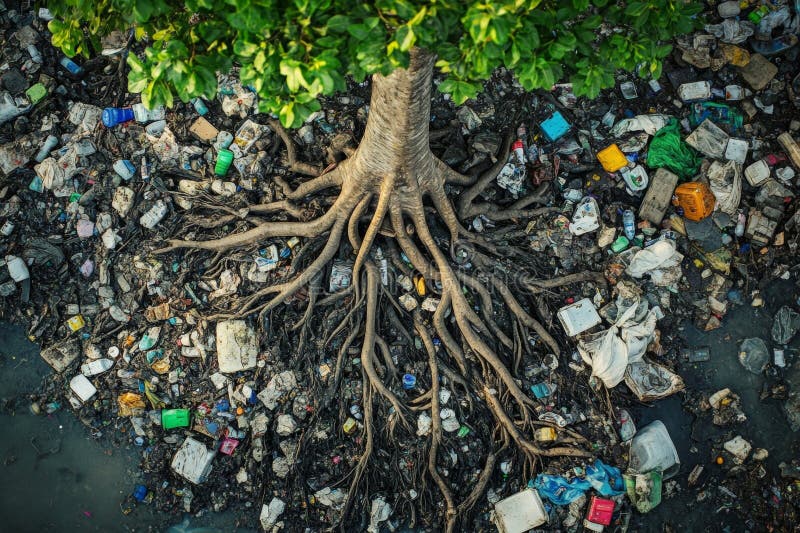 Tree Growing Amidst Pollution on Riverbank with Plastic Waste Stock ...