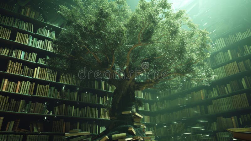 Tree Growing Amidst Stacks of Books in a Grand Library Stock Photo ...