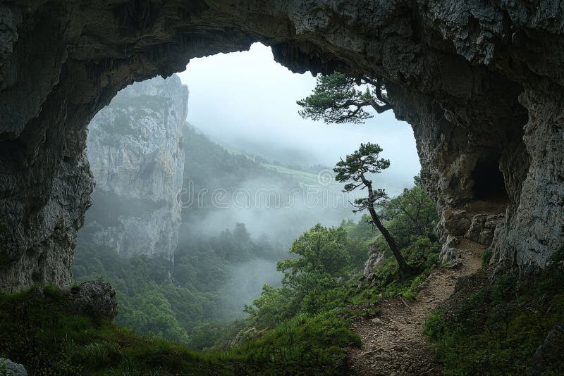 Tree Growing in Cave Surrounded by Valley Nature Landscape Stock Image ...