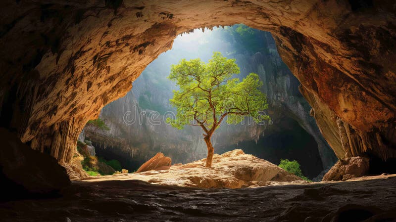 A Tree is Growing in a Cave Stock Image - Image of tree, rock: 373130931