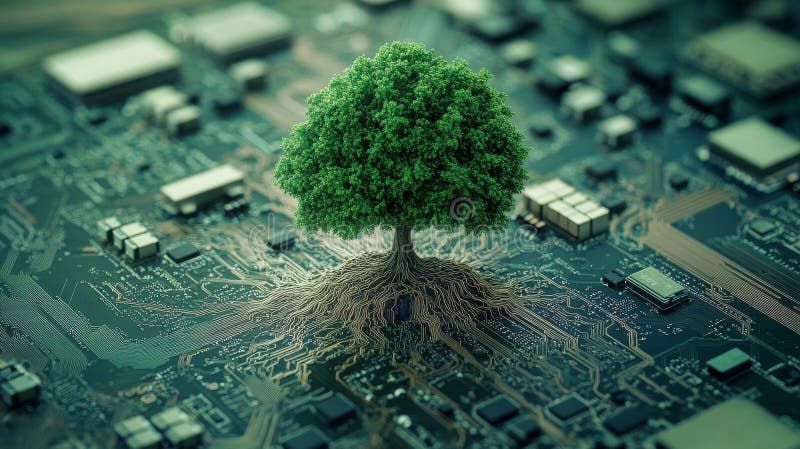 Tree Growing from a Circuit Board, Nature and Technology Concept Stock ...