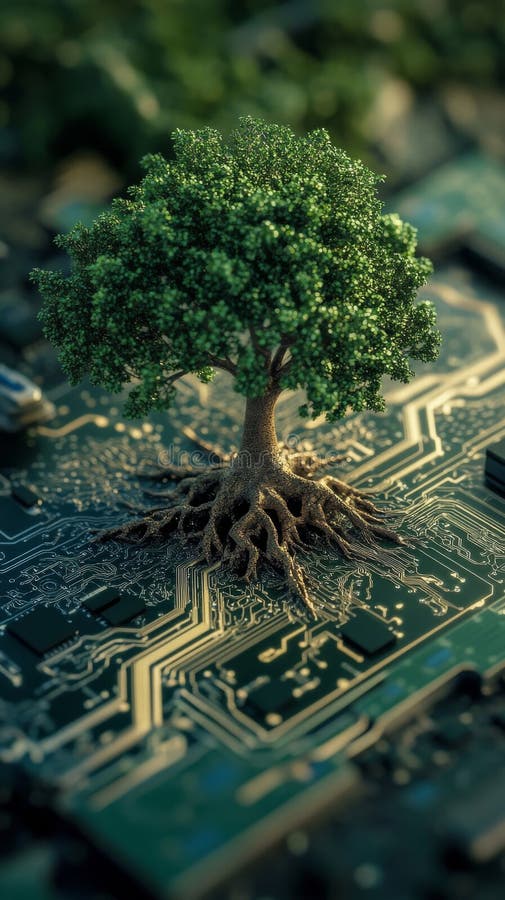 Tree Growing from a Circuit Board, Nature and Technology Concept Stock ...
