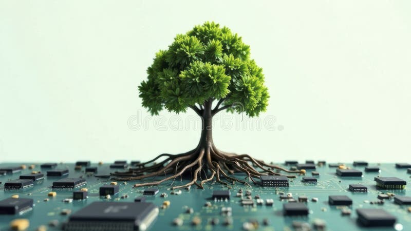 Tree Growing from a Circuit Board Symbolizing the Fusion of Nature and ...