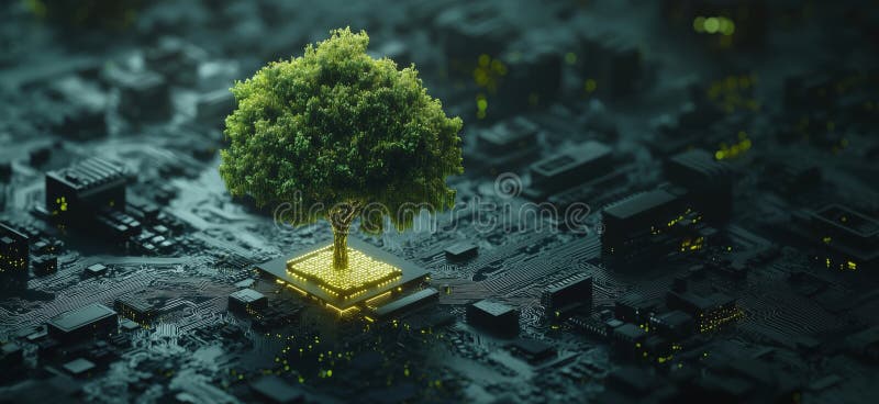 Tree Growing on Circuit Board Symbolizing Technology and Nature ...