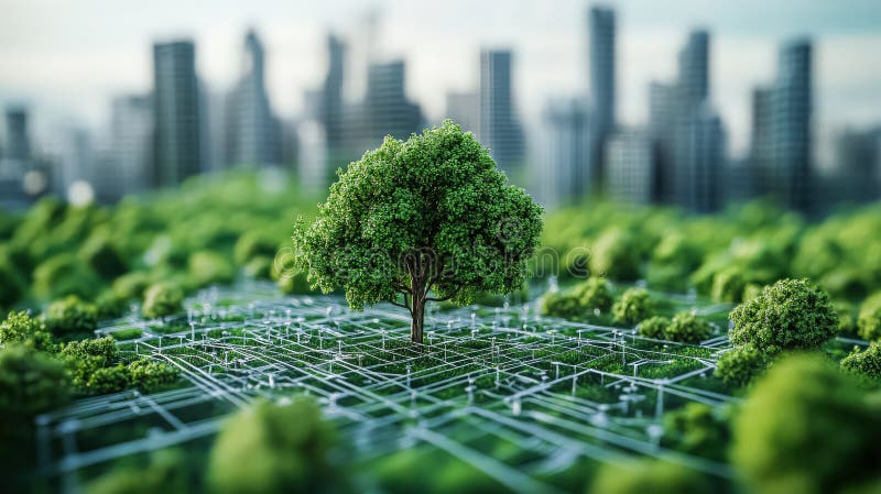 Tree is Growing in a City with a Grid of Lines Surrounding it Stock ...