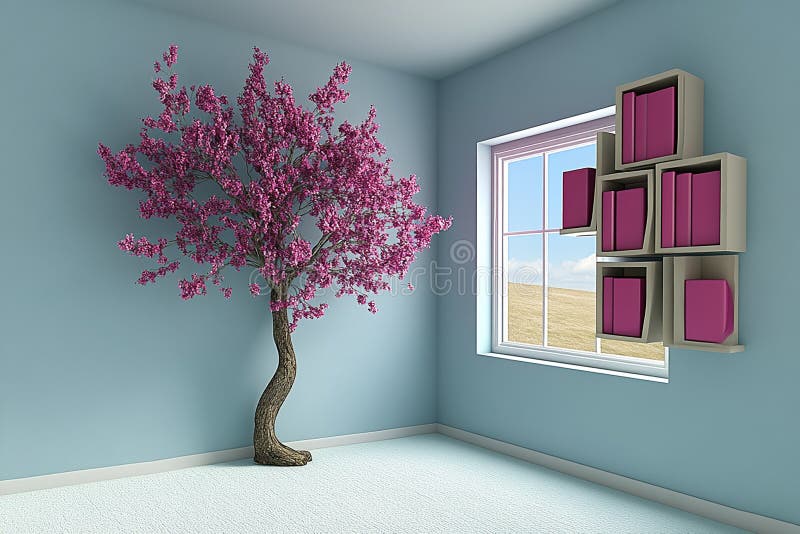 A Tree Growing in a Classroom with Glowing Books on Its Branches Stock ...