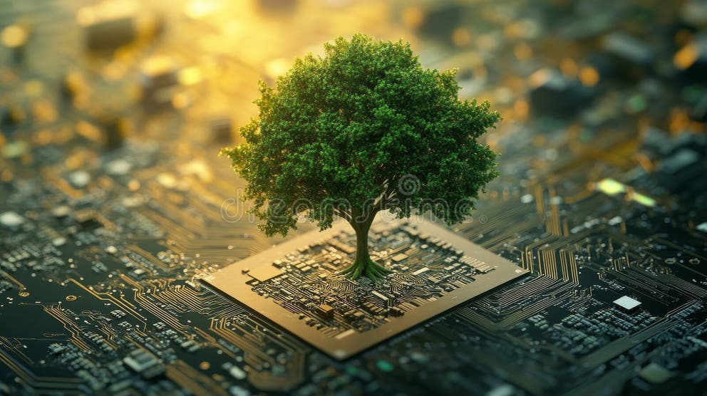 Tree Growing from Computer Chip Motherboard in Sunlight. Nature ...