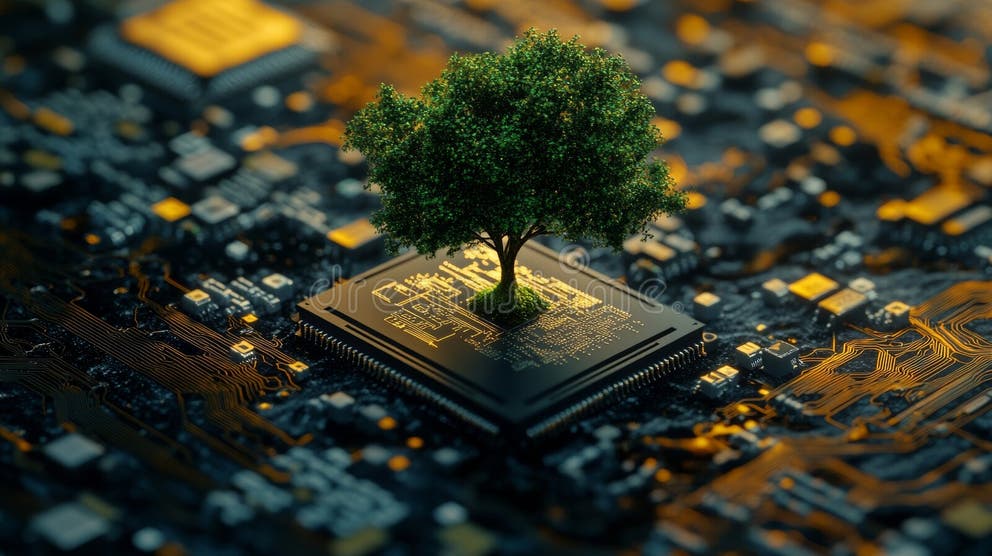 A Tree Growing on a Computer Microchip, Symbolizing Nature and ...