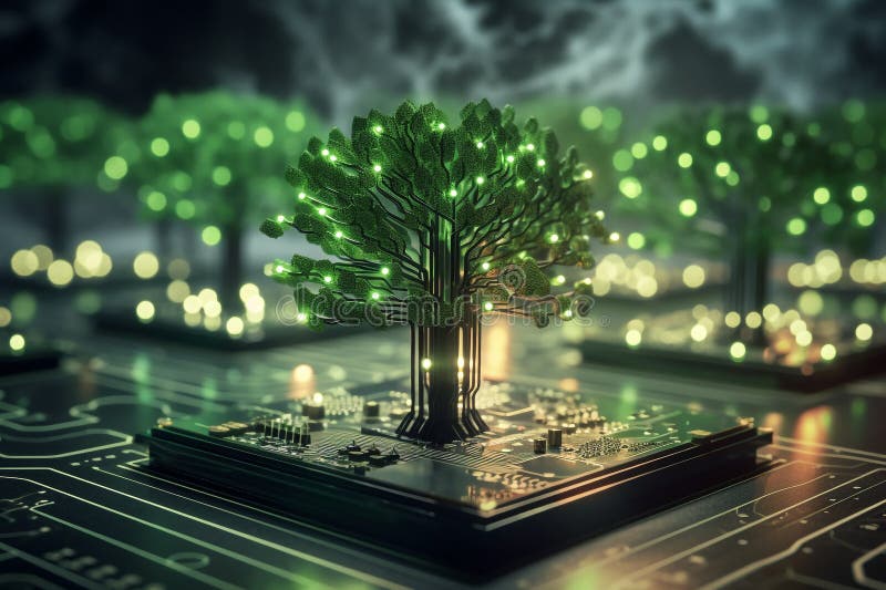 Tree Growing on the Converging Point of Computer Circuit Board. Green ...