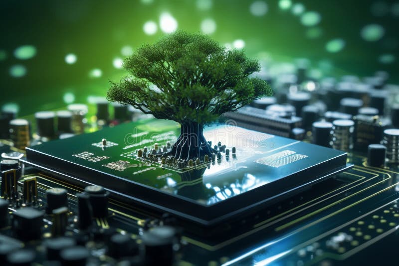 Tree Growing on the Converging Point of Computer Circuit Board. Green ...