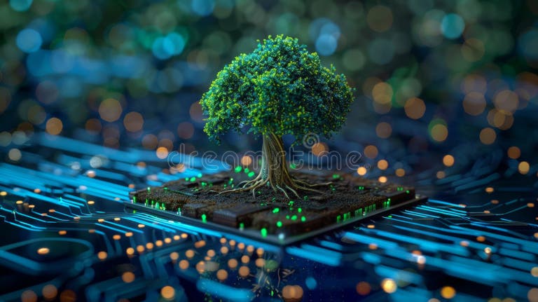 Tree Growing on Converging Point of Computer Circuit Board. Green ...