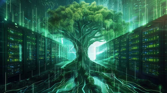 Tree Growing in a Data Center, Illustration for Green Ecological Data ...