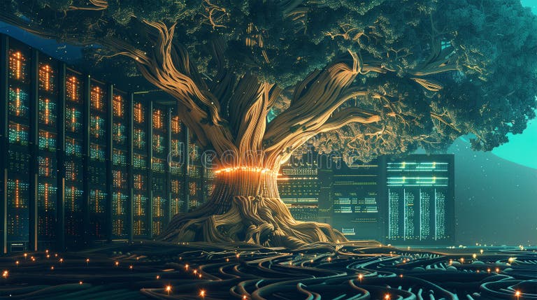 Tree Growing in a Data Center, Illustration for Green Ecological Data ...