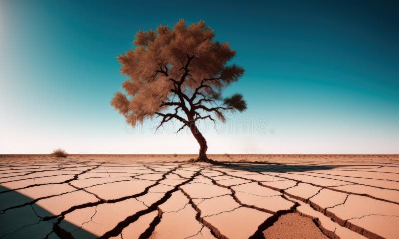 A Tree Growing in the Desert, Soil Split by Drought Stock Illustration ...