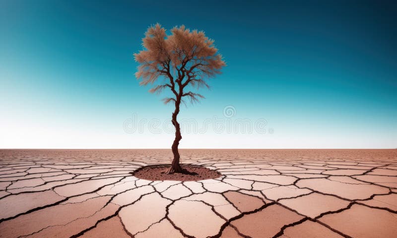 A Tree Growing in the Desert, Soil Split by Drought Stock Illustration ...