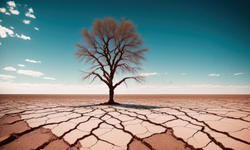 A Tree Growing in the Desert, Soil Split by Drought Stock Illustration ...
