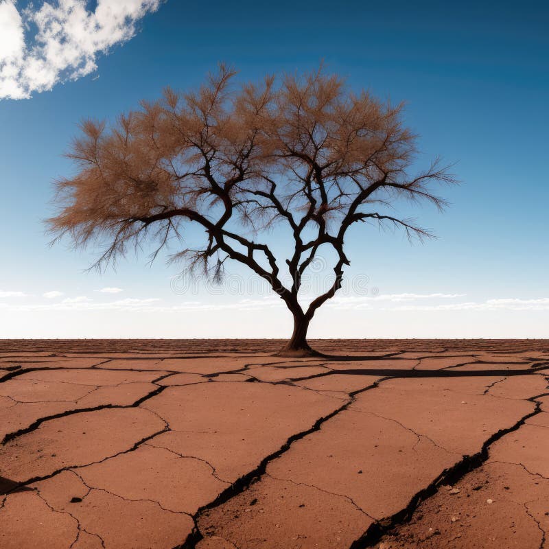 A Tree Growing in the Desert, Soil Split by Drought Stock Illustration ...