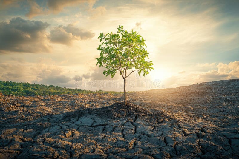 A Tree Growing in Desolate Landscape with Dry, Cracked Earth and Dead ...